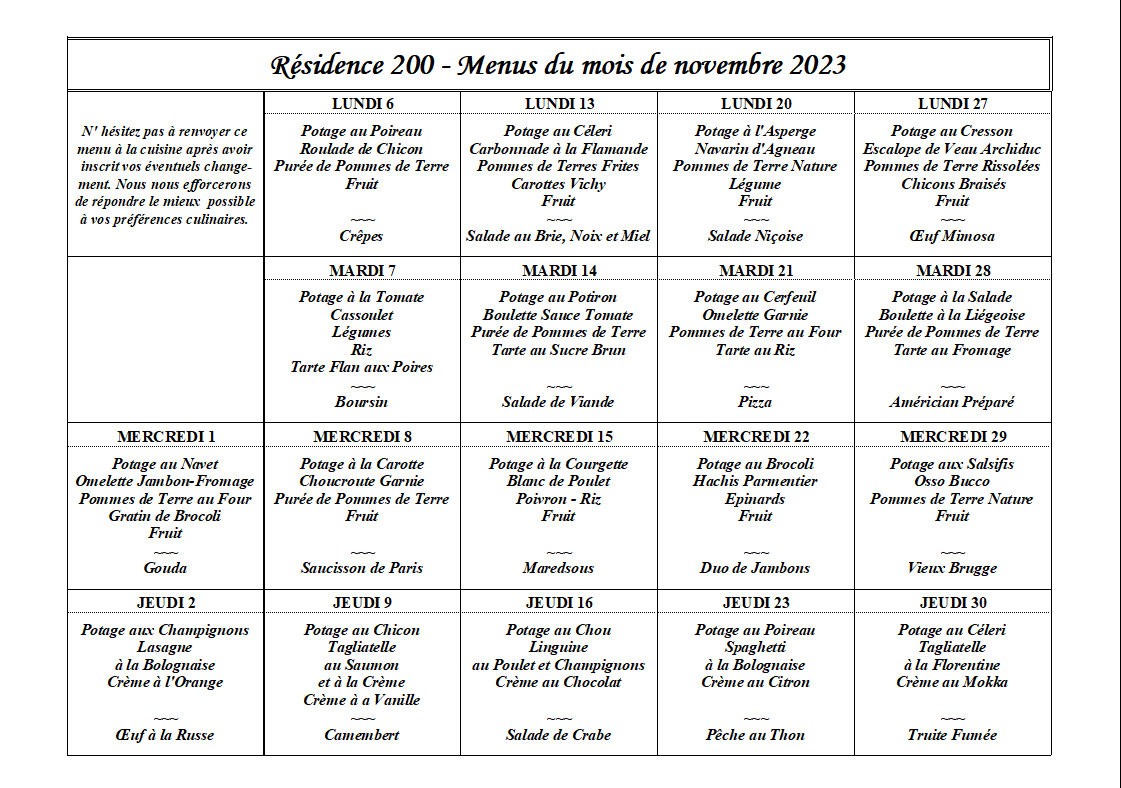 Menus Résidence 200 - Maison de repos à Ixelles (Bruxelles) - Maison de ...